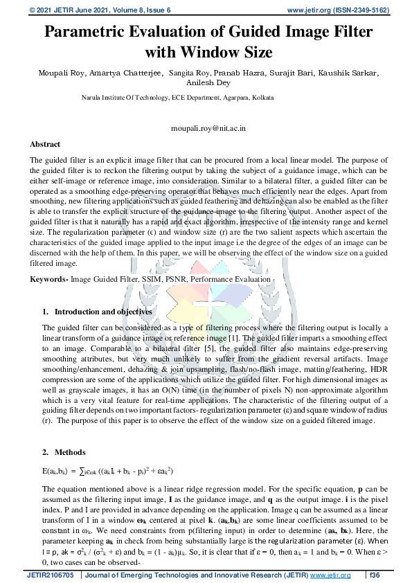 (PDF) Parametric Evaluation of Guided Image Filter with Window Size