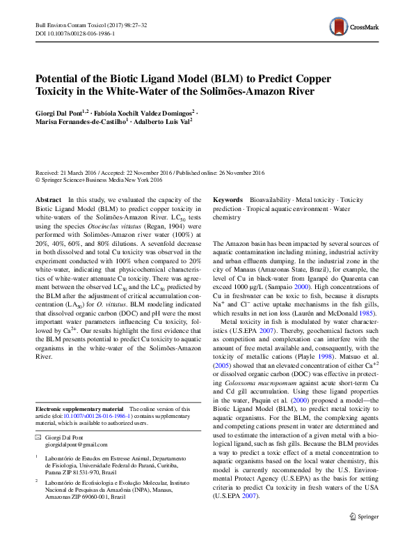(PDF) Potential of the Biotic Ligand Model (BLM) to Predict Copper ...
