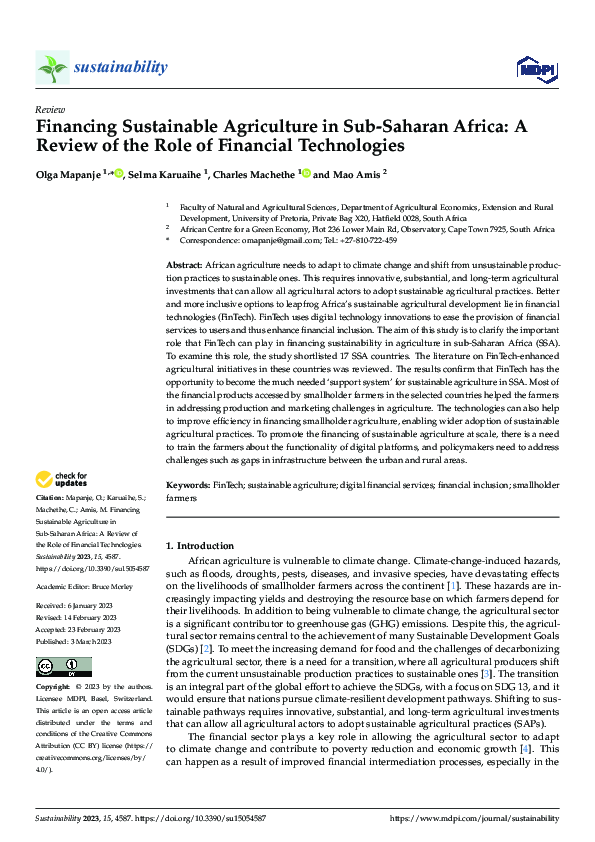 (PDF) Financing Sustainable Agriculture in Sub-Saharan Africa: A Review of the Role of Financial ...