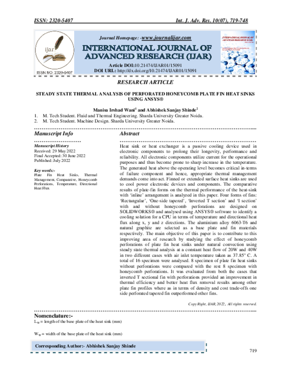 Pdf Steady State Thermal Analysis Of Perforated Honeycombplate Fin Heat Sinks Using Ansys