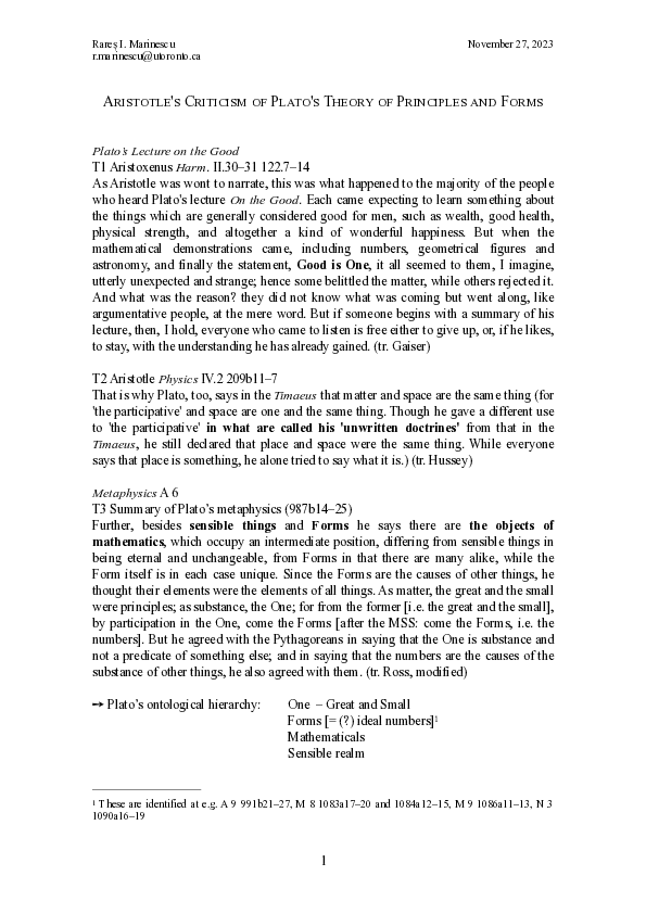 (PDF) Aristotle's Criticism of Plato's Theory of Principles and Forms