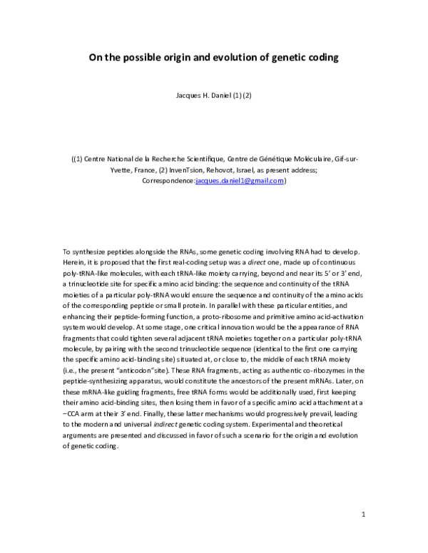 (PDF) On the possible origin and evolution of genetic coding