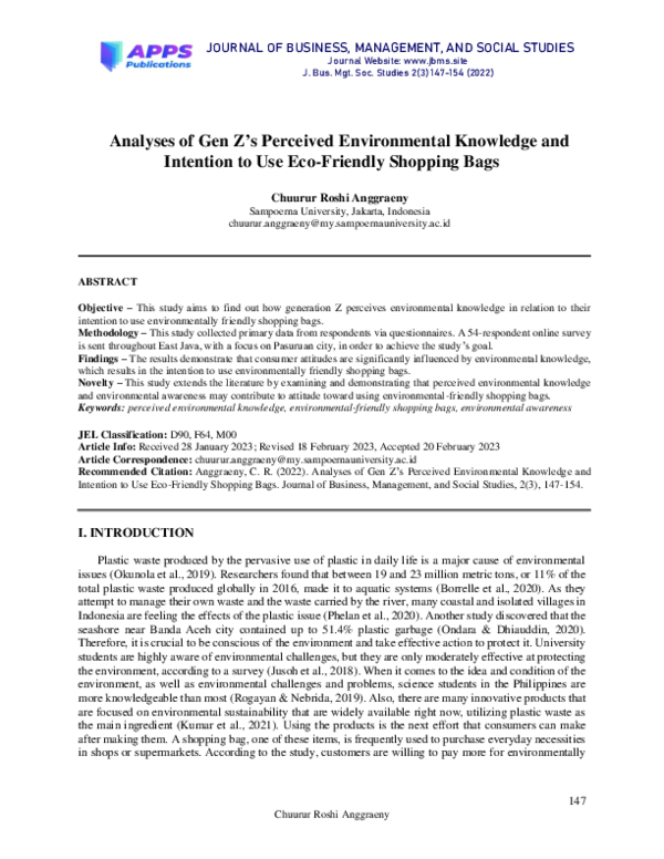 (PDF) Analyses of Gen Z’s Perceived Environmental Knowledge and Intention to Use Eco-Friendly ...