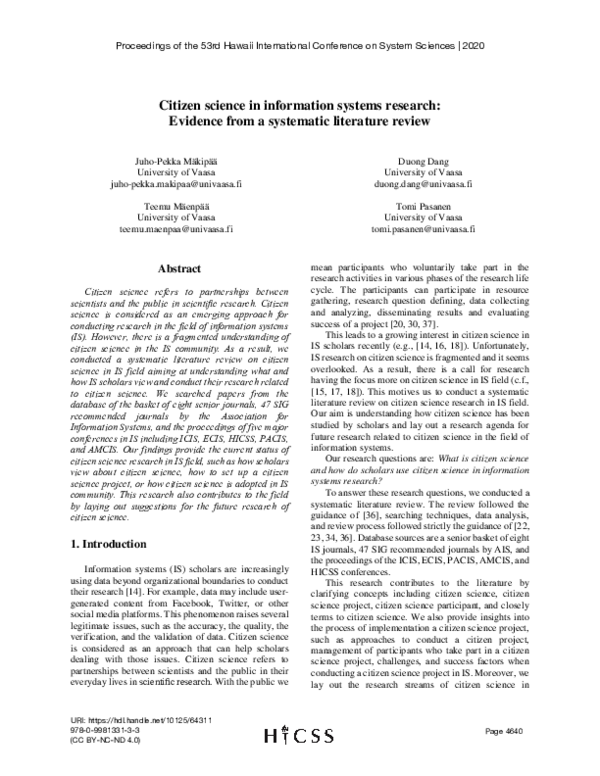 (PDF) Citizen Science in Information Systems Research: Evidence From a ...