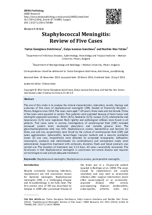 (PDF) Staphylococcal Meningitis: Review of Five Cases | Nachko Totsev ...