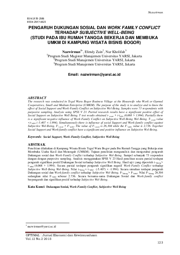 (PDF) Pengaruh Dukungan Sosial Dan Work Family Conflict Terhadap Subjective Well-Being (Studi ...