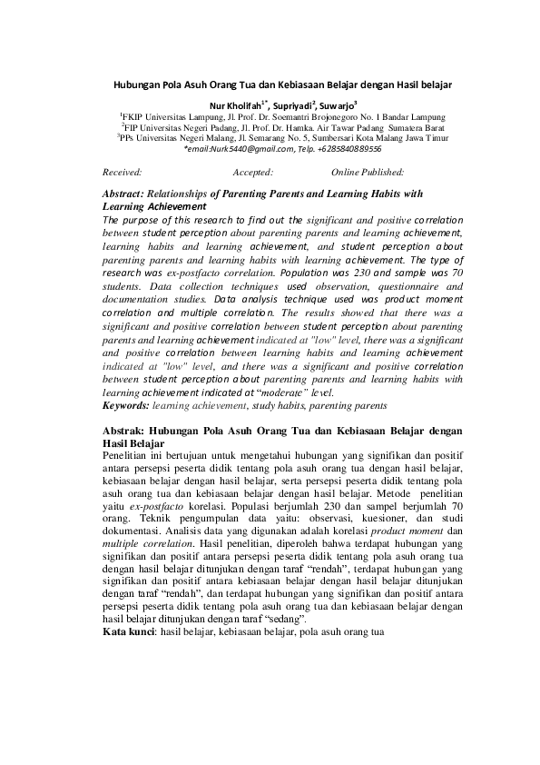 (PDF) Hubungan Pola Asuh Orang Tua dan Kebiasaan Belajar dengan Hasil belajar