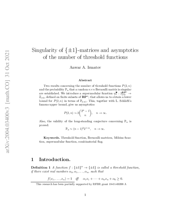 Pdf Singularity Of Pm 1 Matrices And Asymptotics Of The Number Of Threshold Functions