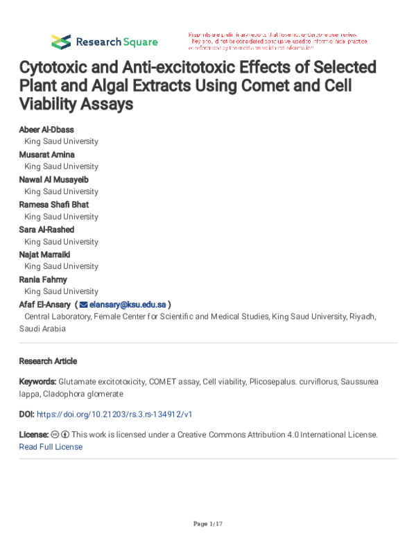 (PDF) Cytotoxic and Anti-excitotoxic Effects of Selected Plant and ...