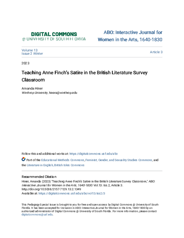 (PDF) Teaching Anne Finch's Satire in the British Literature Survey ...