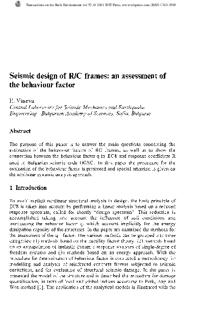 Seismic Design Of RIC Frames: An Assessment Of The Behaviour Factor