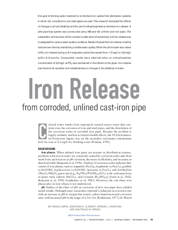 (PDF) Iron Release from corroded, unlined cast-iron pipe