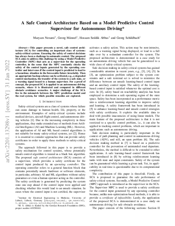 (PDF) A Safe Control Architecture Based on a Model Predictive Control Supervisor for Autonomous ...