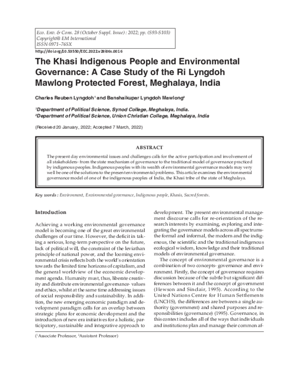 (PDF) The Khasi Indigenous People and Environmental Governance: A Case ...