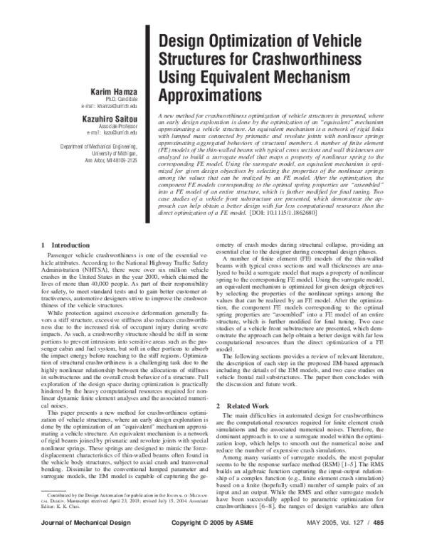 (PDF) Design Optimization of Vehicle Structures for Crashworthiness Using Equivalent Mechanism