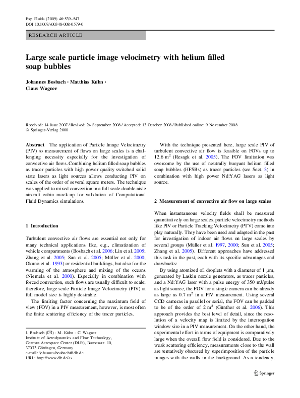 (PDF) Large scale particle image velocimetry with helium filled soap bubbles