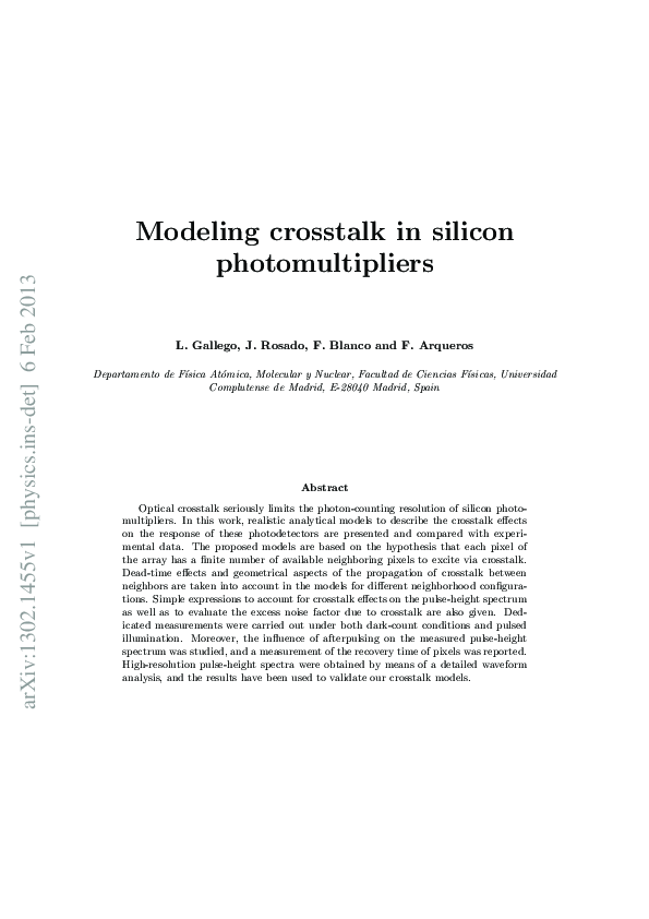 (PDF) Modeling crosstalk in silicon photomultipliers | Luis Gallego - Academia.edu