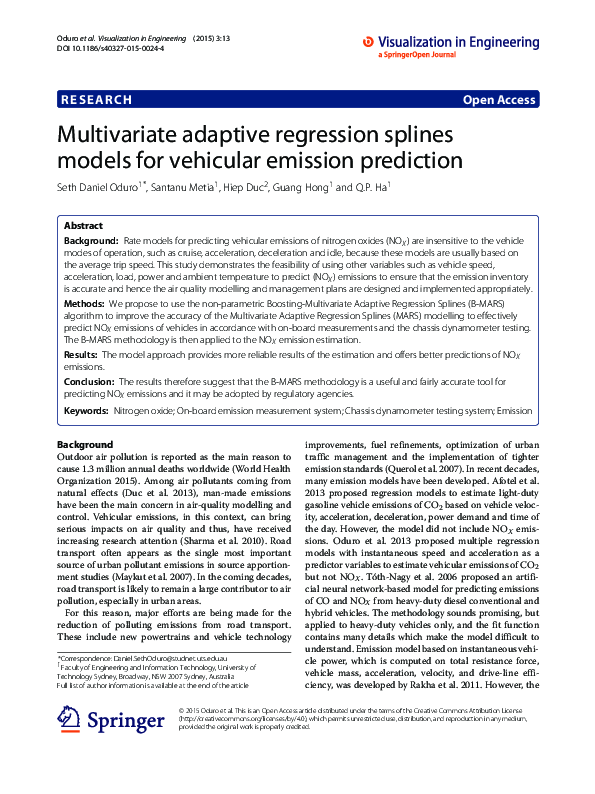 (PDF) Multivariate adaptive regression splines models for vehicular emission prediction