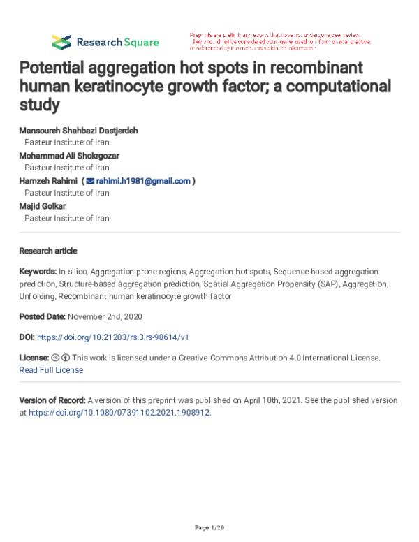 (PDF) Potential aggregation hot spots in recombinant human keratinocyte ...