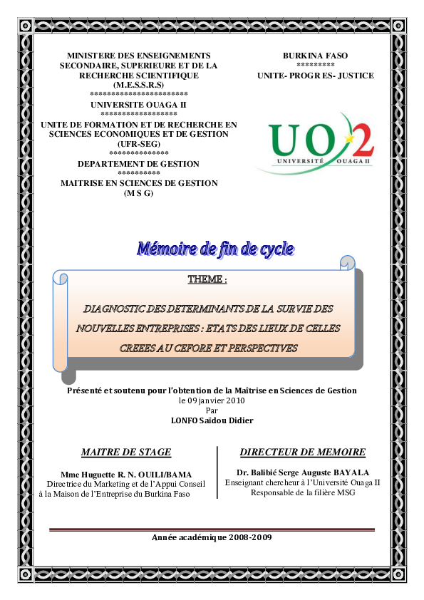 (PDF) Diagnostic des déterminants de la survie des nouvelles entreprises : état des lieux de ...