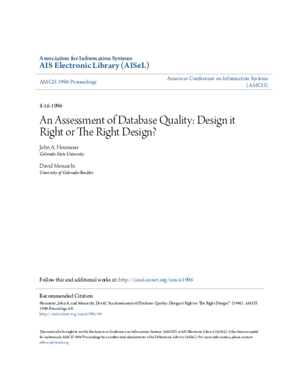 (PDF) An Assessment of Database Quality: Design it Right or The Right ...