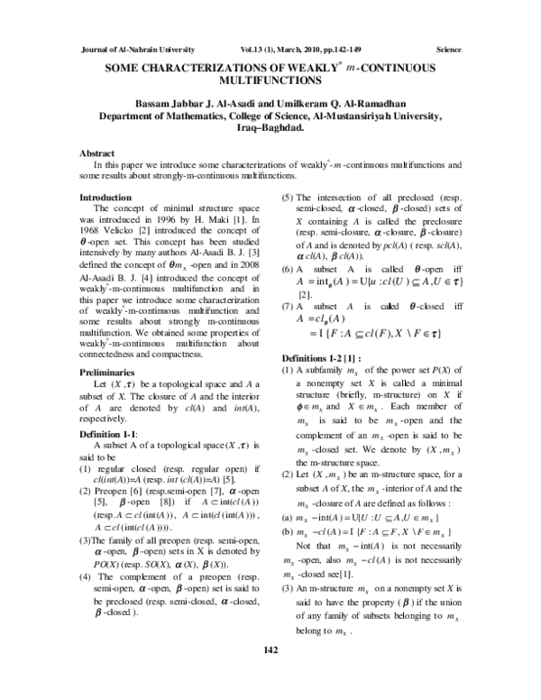(PDF) SOME CHARACTERIZATIONS OF WEAKLY* m-CONTINUOUS MULTIFUNCTIONS