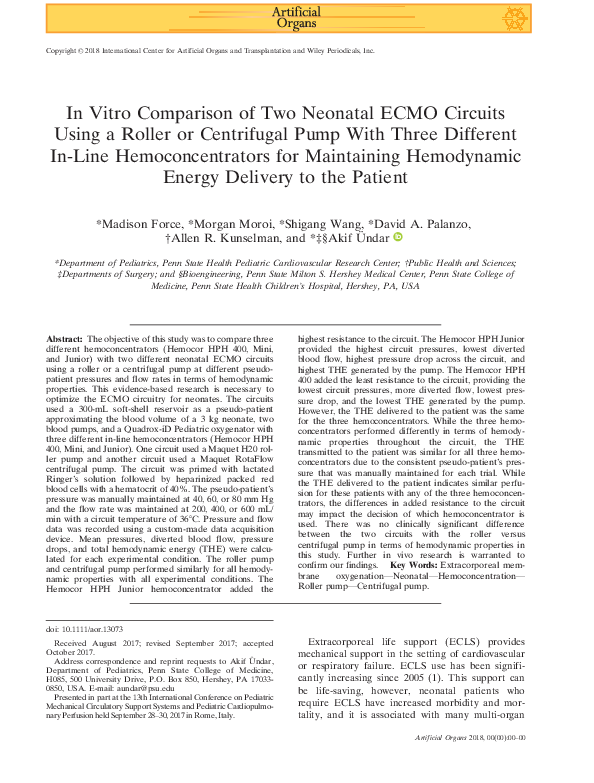 (PDF) In Vitro Comparison of Two Neonatal ECMO Circuits Using a Roller ...