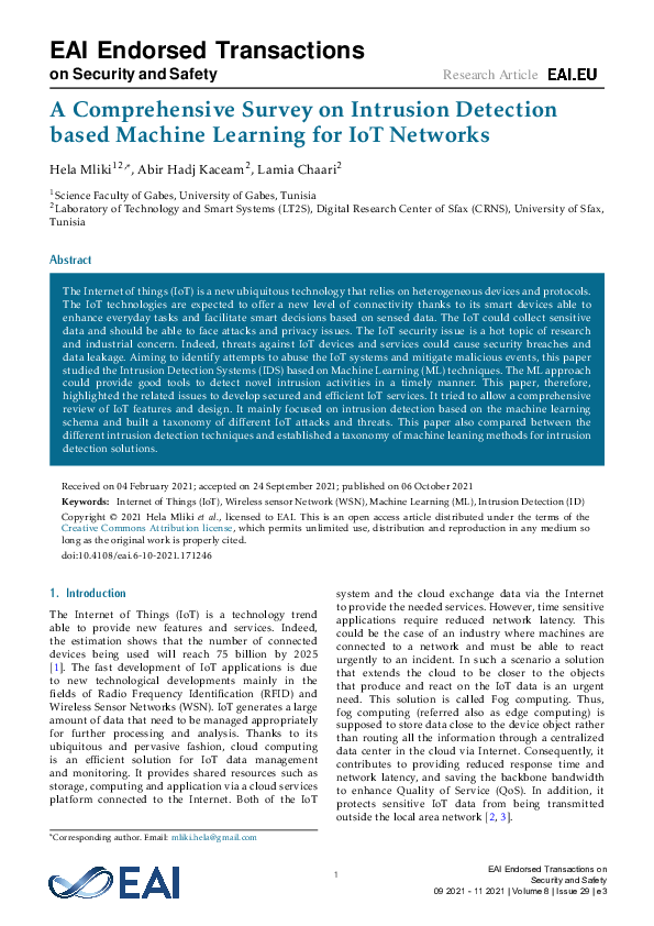 (PDF) A Comprehensive Survey on Intrusion Detection based Machine Learning for IoT Networks