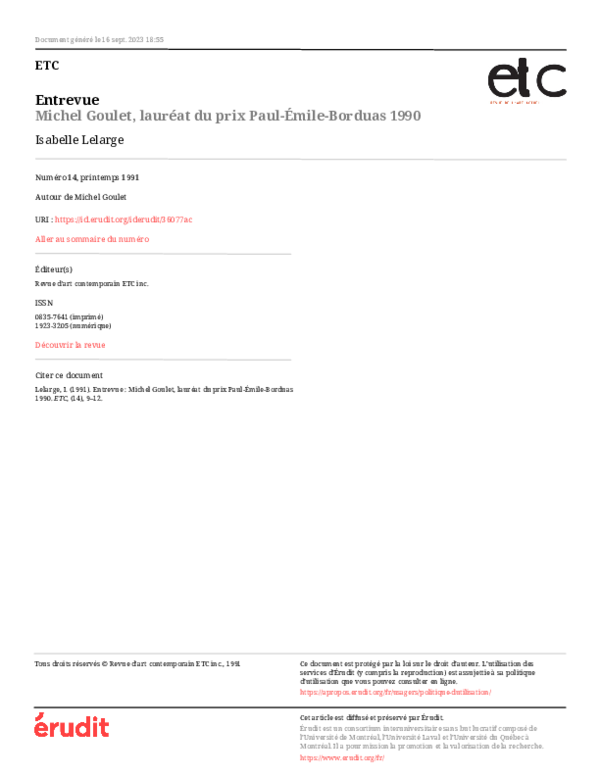 (PDF) Entrevue : Michel Goulet, lauréat du prix Paul-Émile-Borduas 1990