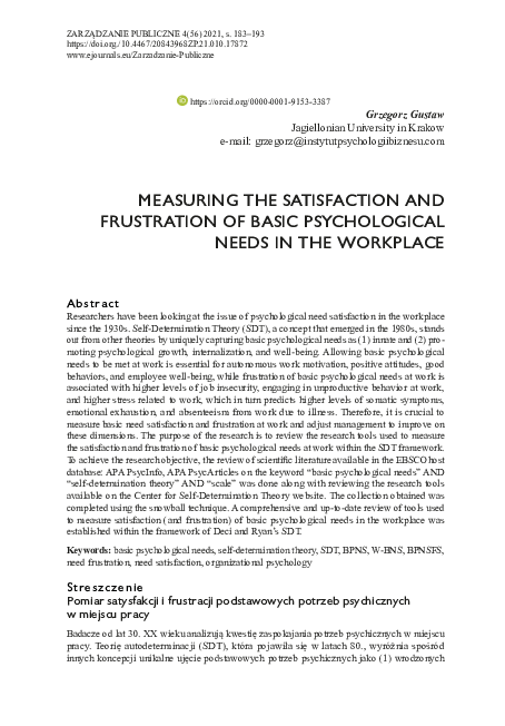 (PDF) Measuring the satisfaction and frustration of basic psychological needs in the workplace