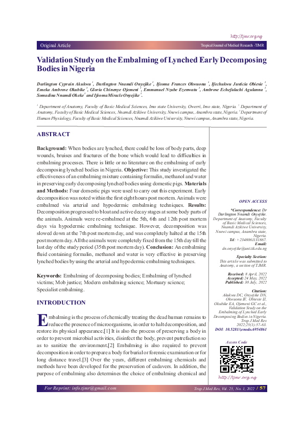 (PDF) Validation Study on the Embalming of Lynched Early Decomposing Bodies in Nigeria