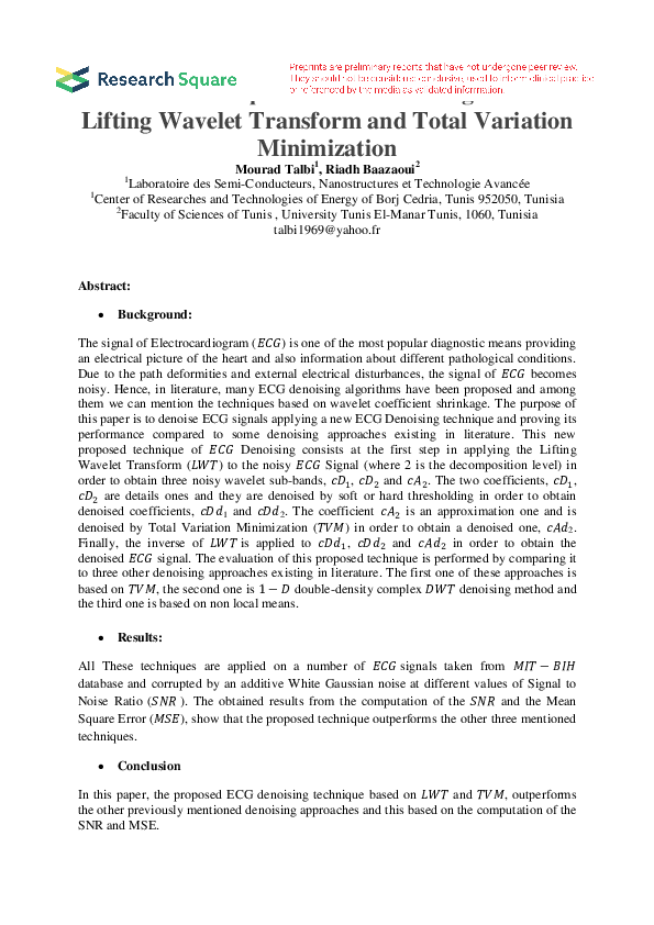 (PDF) A Novel Technique of ECG Denoising based on Lifting Wavelet ...