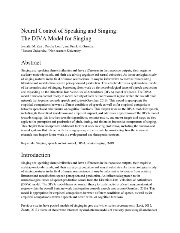 (PDF) Neural Control of Speaking and Singing: The DIVA Model for Singing