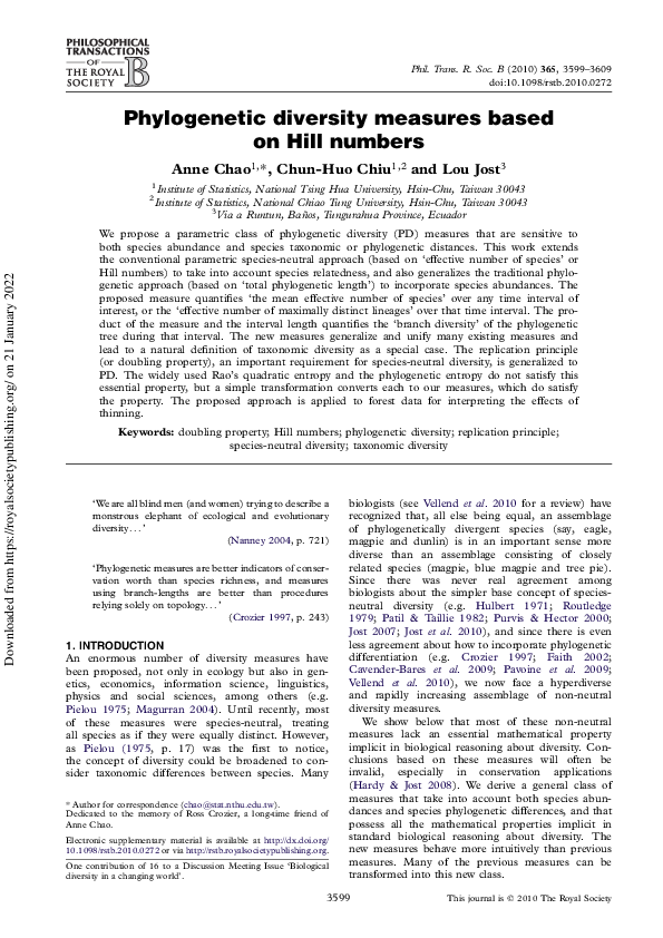 (PDF) Phylogenetic diversity measures based on Hill numbers