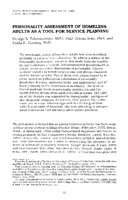 (PDF) Personality Assessment of Homeless Adults as a Tool for Service ...