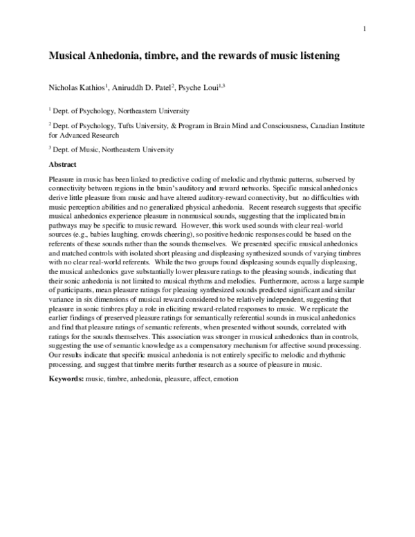 (PDF) Musical Anhedonia, timbre, and the rewards of musical listening
