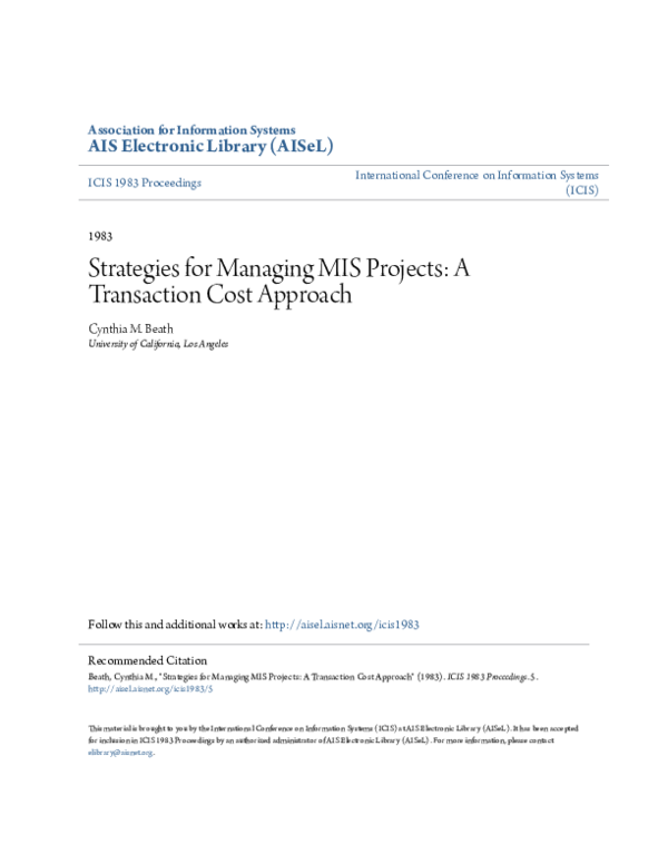 (PDF) Strategies for Managing MIS Projects: A Transaction Cost Approach ...