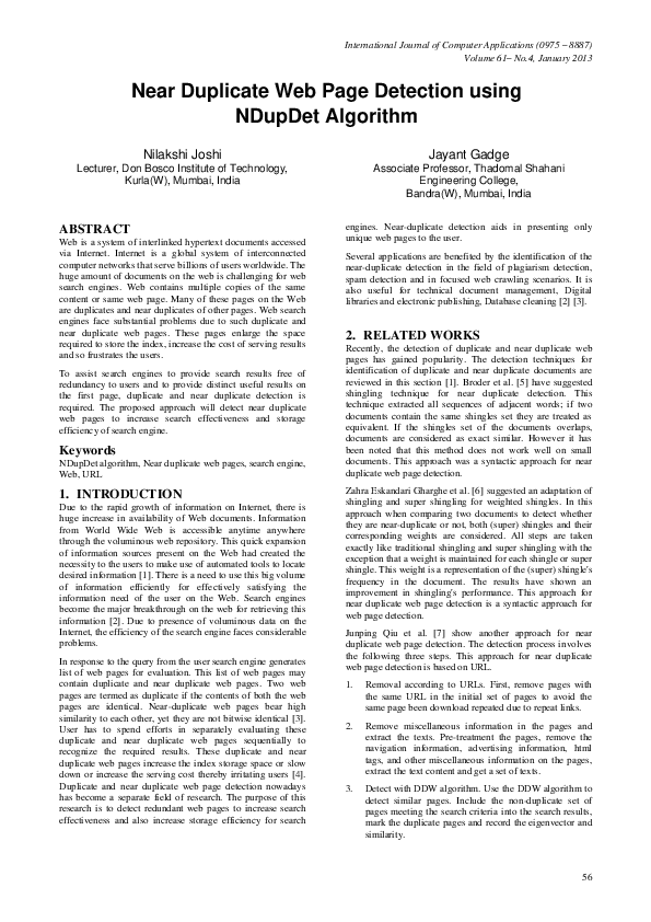 Pdf Near Duplicate Web Page Detection Using Ndupdet Algorithm
