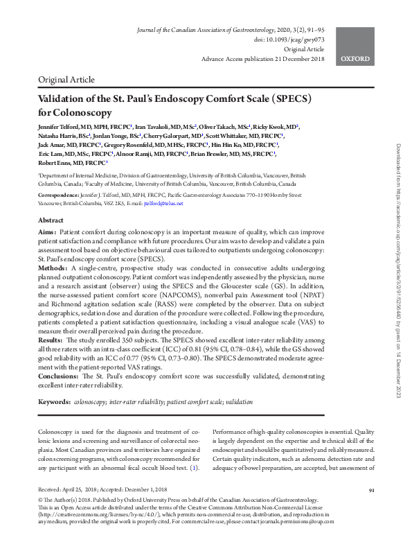 (PDF) Validation of the St. Paul’s Endoscopy Comfort Scale (SPECS) for ...