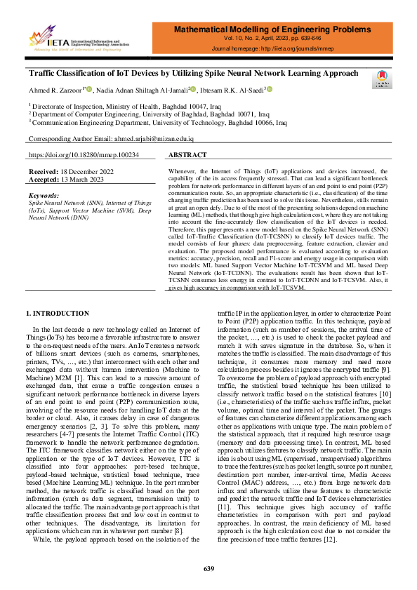 Pdf Traffic Classification Of Iot Devices By Utilizing Spike Neural Network Learning Approach