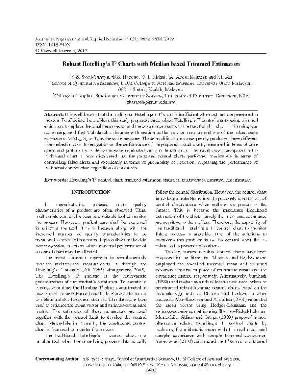 (PDF) Robust Hotelling’s T2 Charts with Median based Trimmed Estimators | Firas Haddad ...