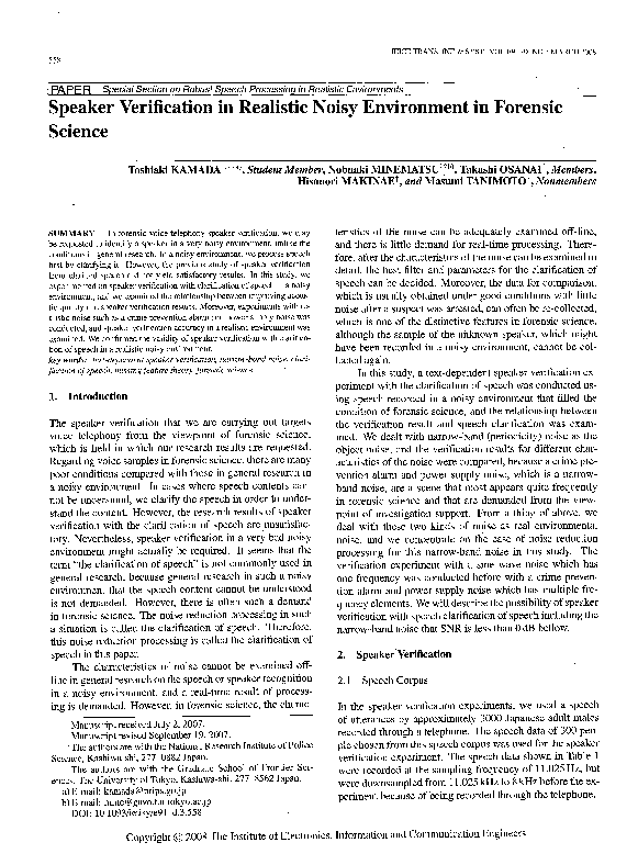 (PDF) Speaker Verification in Realistic Noisy Environment in Forensic Science
