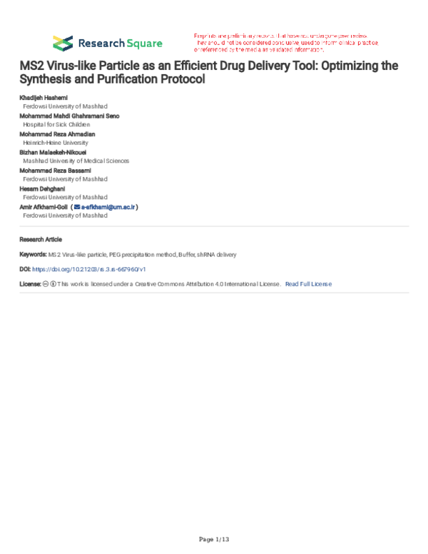 (PDF) MS2 Virus-like Particle as an Efficient Drug Delivery Tool ...