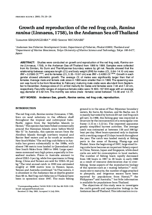 (PDF) Growth and reproduction of the red frog crab, Ranina ranina ...