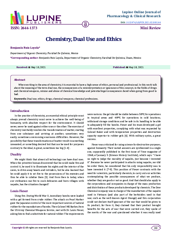 (PDF) Chemistry, Dual Use and Ethics
