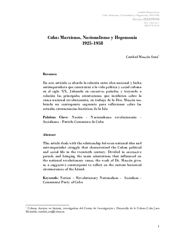 (PDF) Cuba: Marxismo, Nacionalismo y Hegemonía 1925-1958