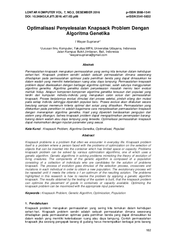 (PDF) Optimalisasi Penyelesaian Knapsack Problem Dengan Algoritma Genetika