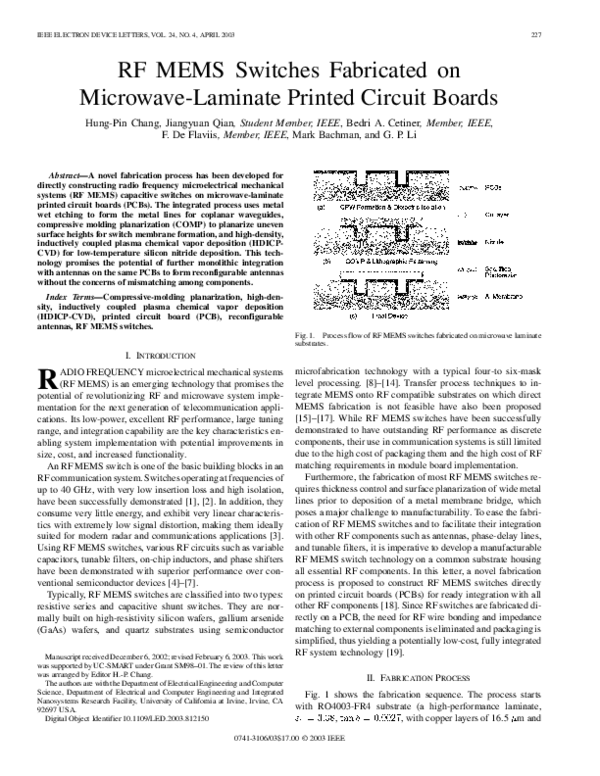 (PDF) RF MEMS switches fabricated on microwave-laminate printed circuit boards