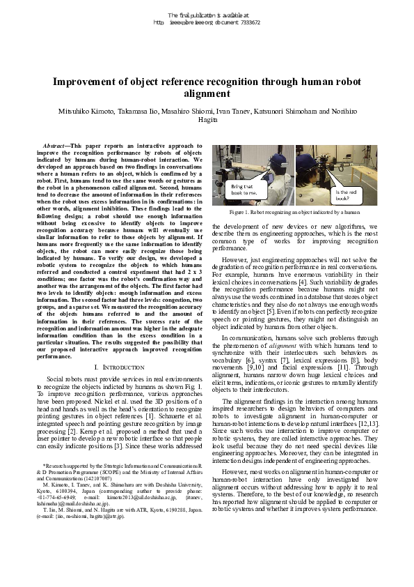 (PDF) Improvement of object reference recognition through human robot alignment