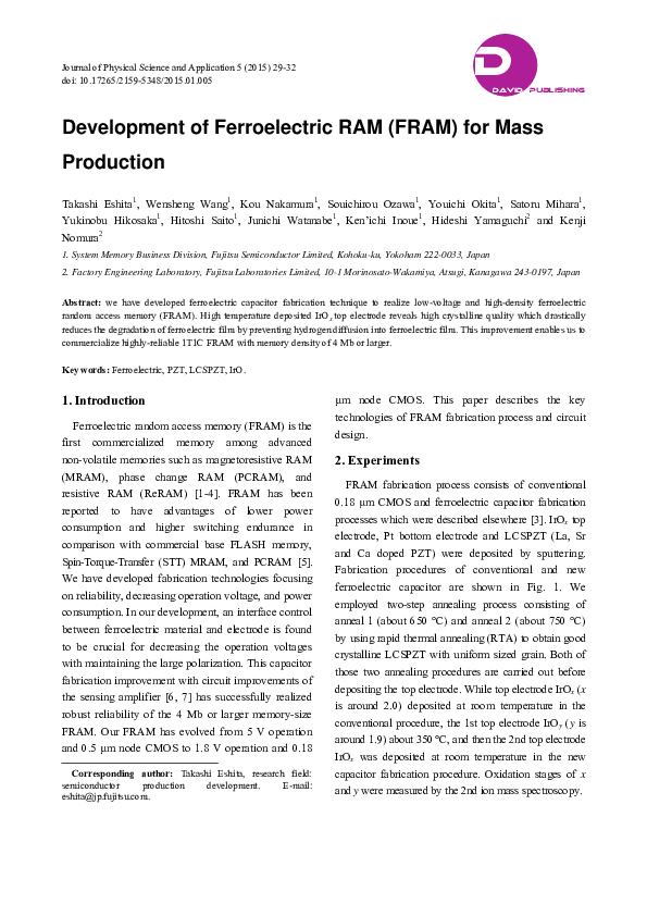 (PDF) Development of ferroelectric RAM (FRAM) for mass production